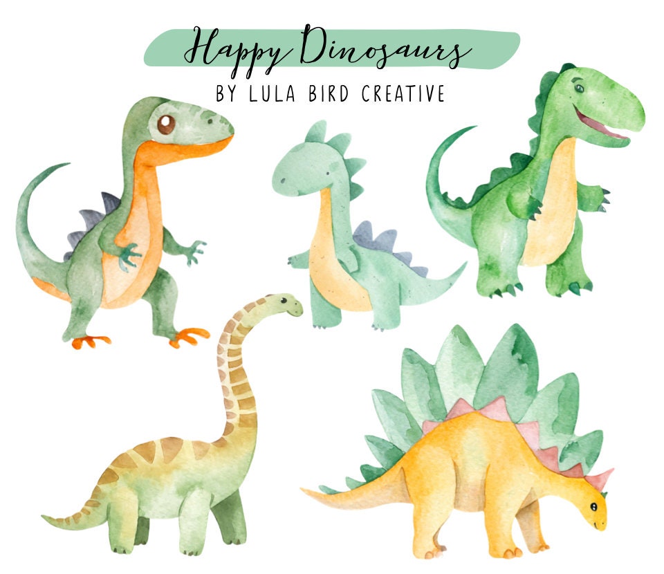 Watercolour Dinosaur Clipart Set - Cute Happy Dinosaur Clipart ...