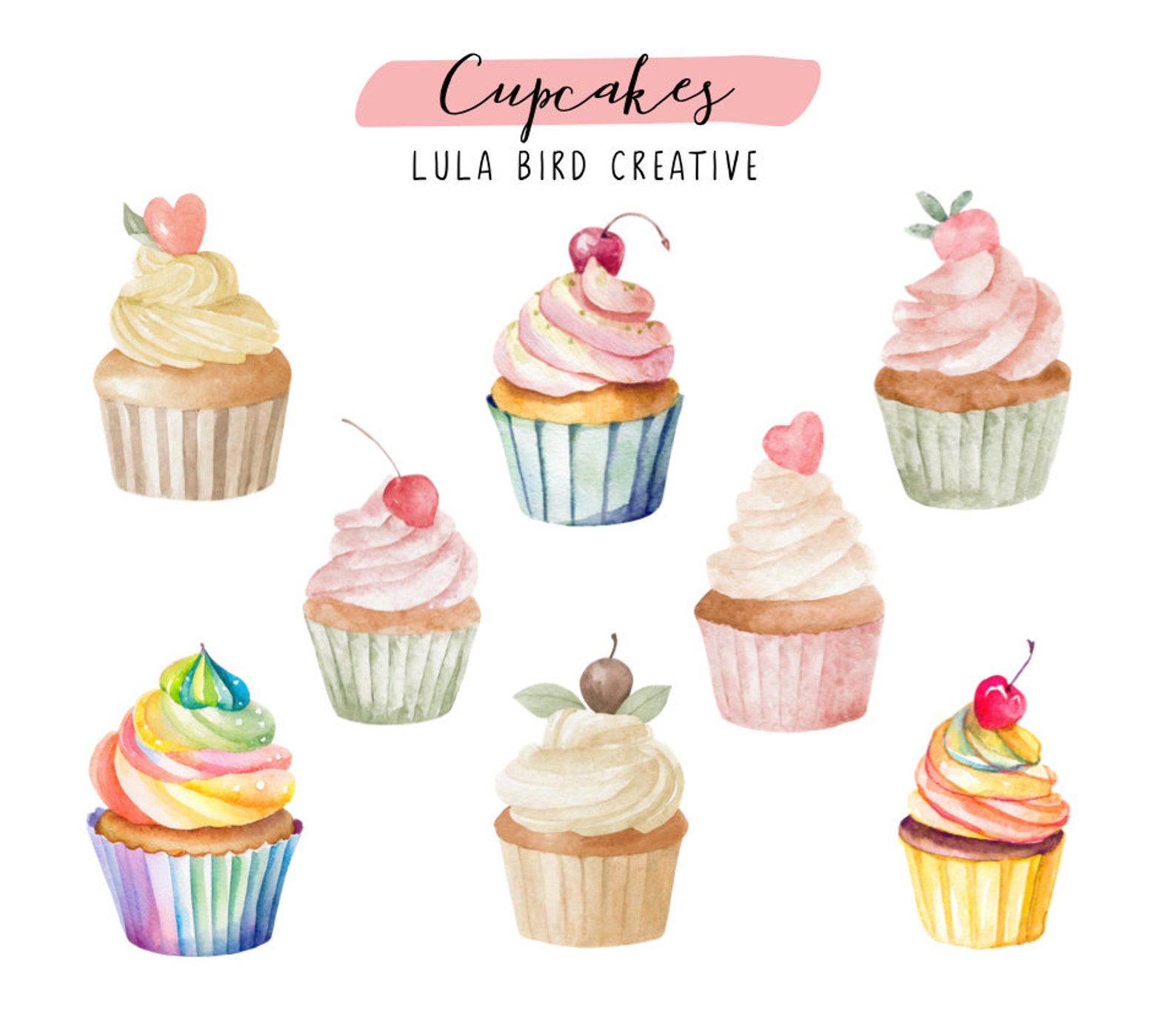 Watercolour Cupcakes Clipart Set Rainbow Cupcakes, Pink Cupcakes ...