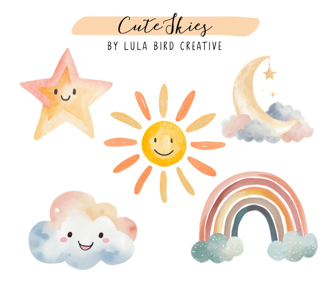 Watercolour Cute Skies Clipart Set - Watercolour Sun, Rainbow, Cloud ...