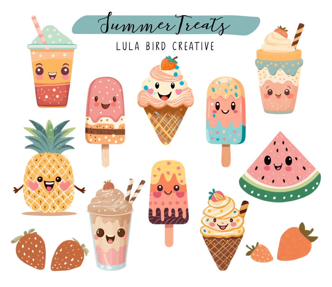 Cute Kawaii Summer Treats Clipart Set - Kawaii Popsicle Ice Lollies Ice ...
