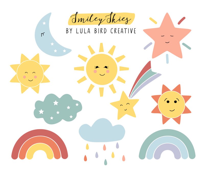 Baby Weather/sky Clip Art Set Commercial Use Allowed Smiley Sun, Cloud ...