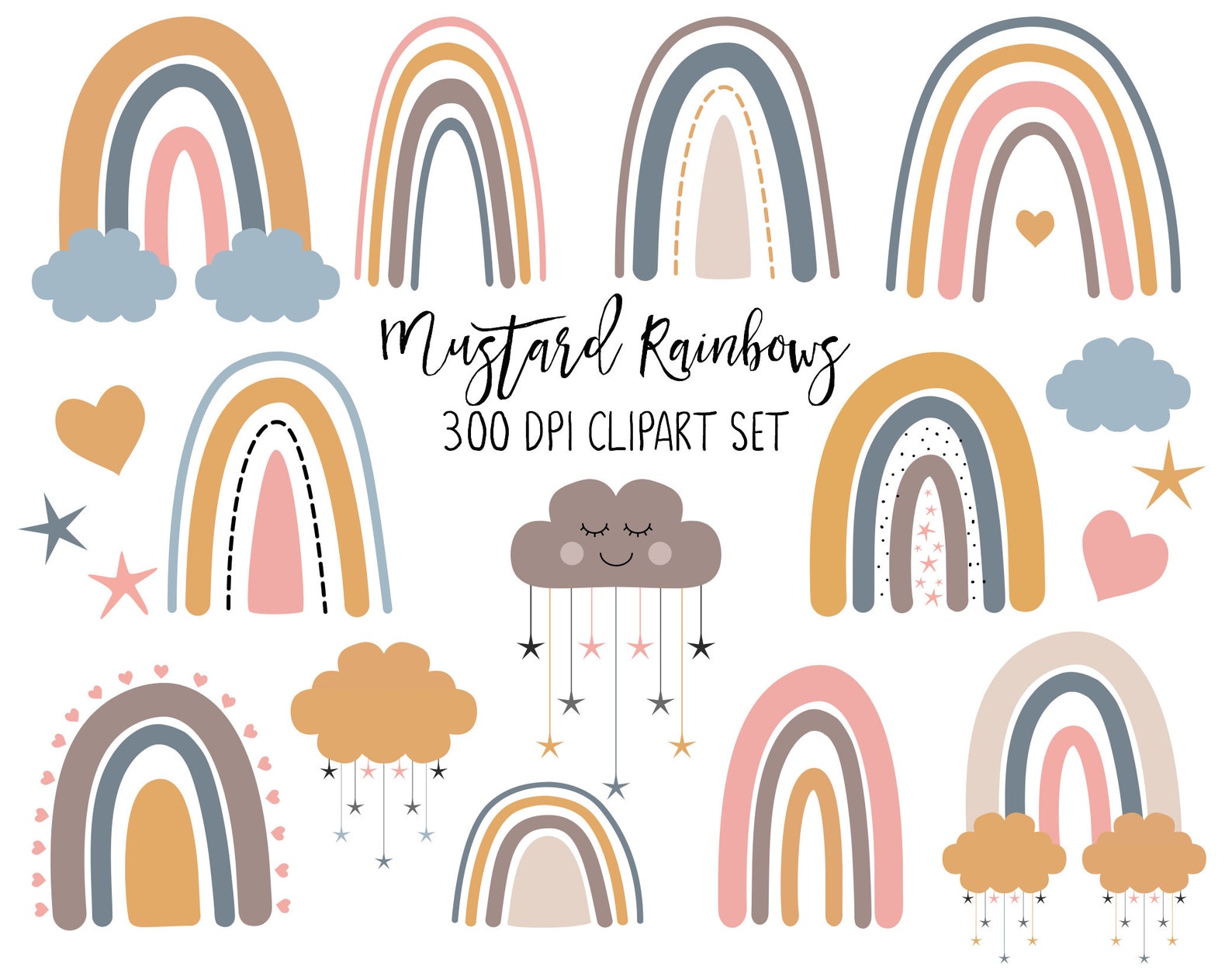 Mustard Rainbows Clip Art Set Commercial Use Allowed Cute Kawaii Pink ...