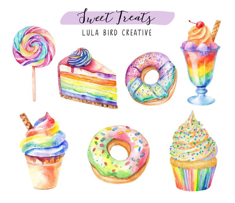 Watercolour Sweet Treats Clipart Set - Rainbow Cupcake, Ice Cream ...