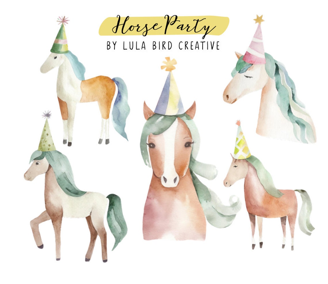 Watercolour Horse Party Clipart Set - Birthday Horses With Party Hats ...
