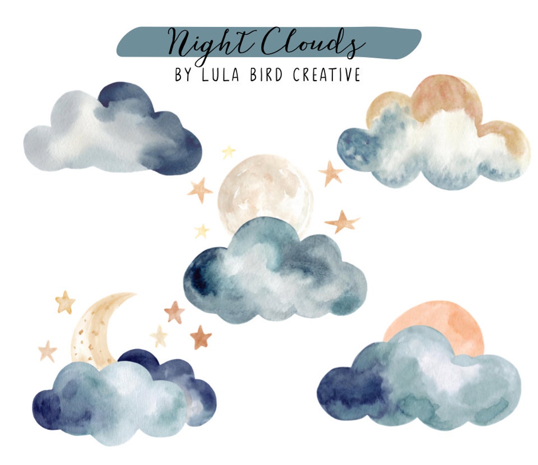 Watercolour Night Clouds Clipart Set - Dusky Blue Clouds With Moons and ...