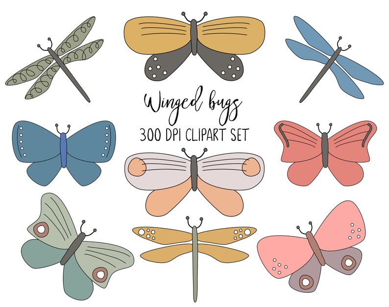 Winged Bugs Clipart Set - Commercial Use Allowed - Butterflies, Dragonflies and Moths - Muted ...
