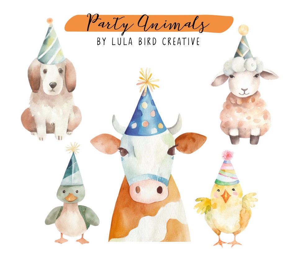 Watercolour Party Animals Clipart Set Watercolour Sheep, Cow, Dog ...
