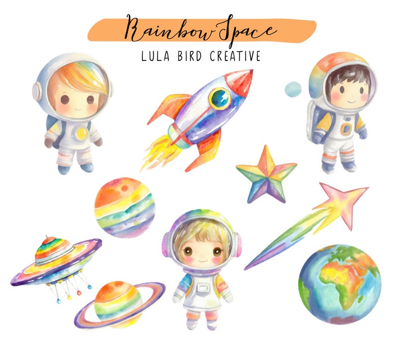 Rainbow Space Clip Art Set Commercial Use Allowed Colourful Watercolour ...