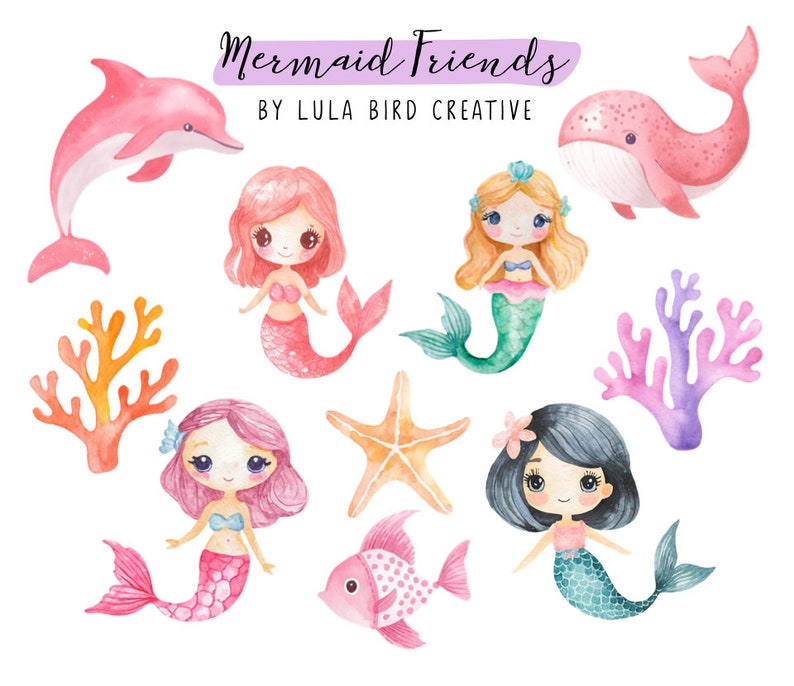 Mermaid Clip Art Set Commercial Use Allowed Pink and Purple Watercolour ...