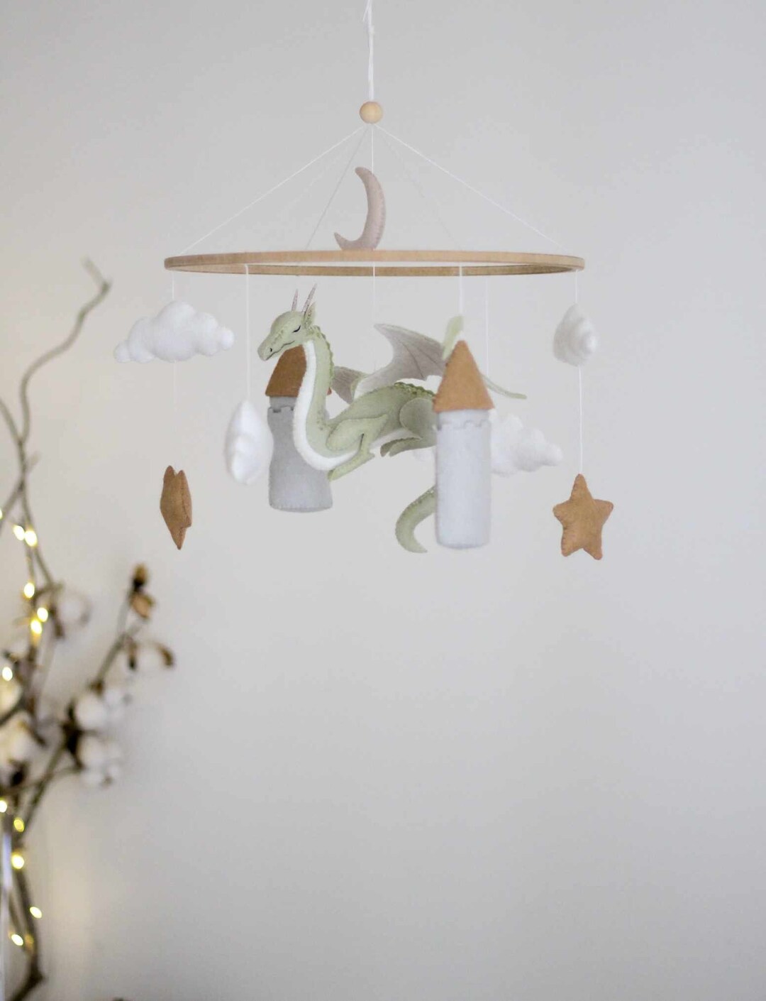Neutral Dragon Baby Mobile for Enchanted Nursery, Flying Over a Castle ...