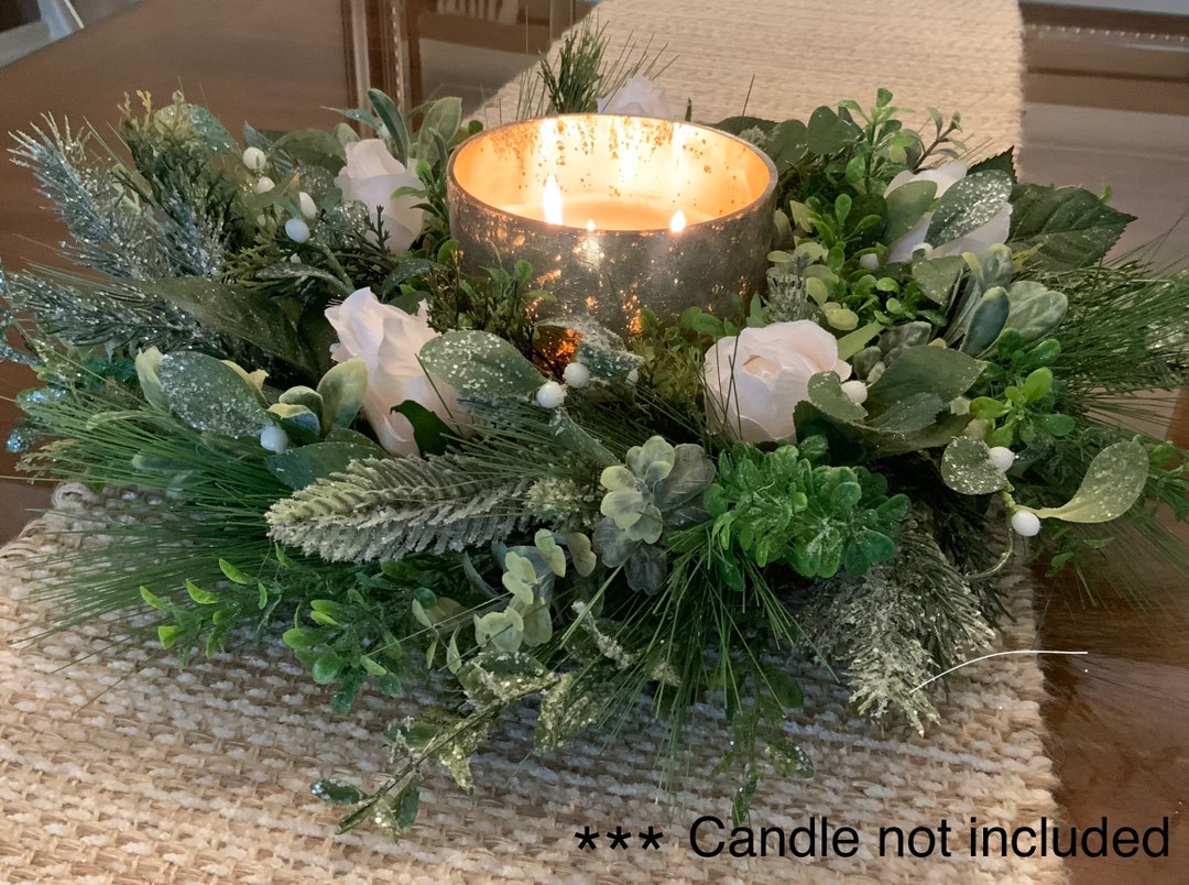 Christmas Holiday Table Centerpiece With Frosted Evergreen Greenery ...