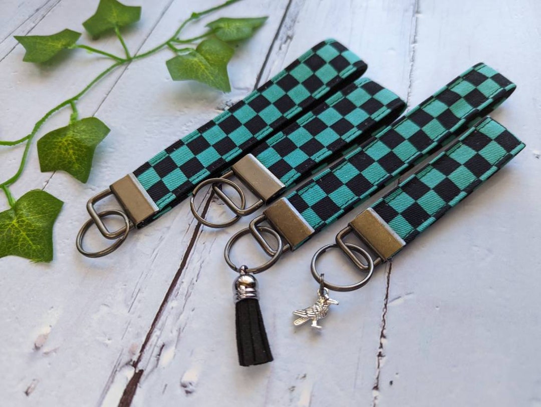 Key Fob, Green&black Ichimatsu Japanese Kimono Pattern Fabric and ...