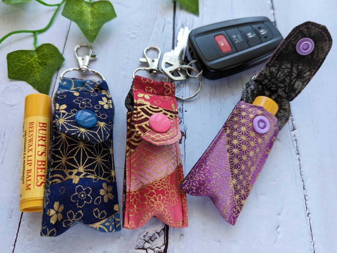 Clip-on Keychain Lip Balm Pouch, Japanese Kimono Pattern Cotton Fabric ...