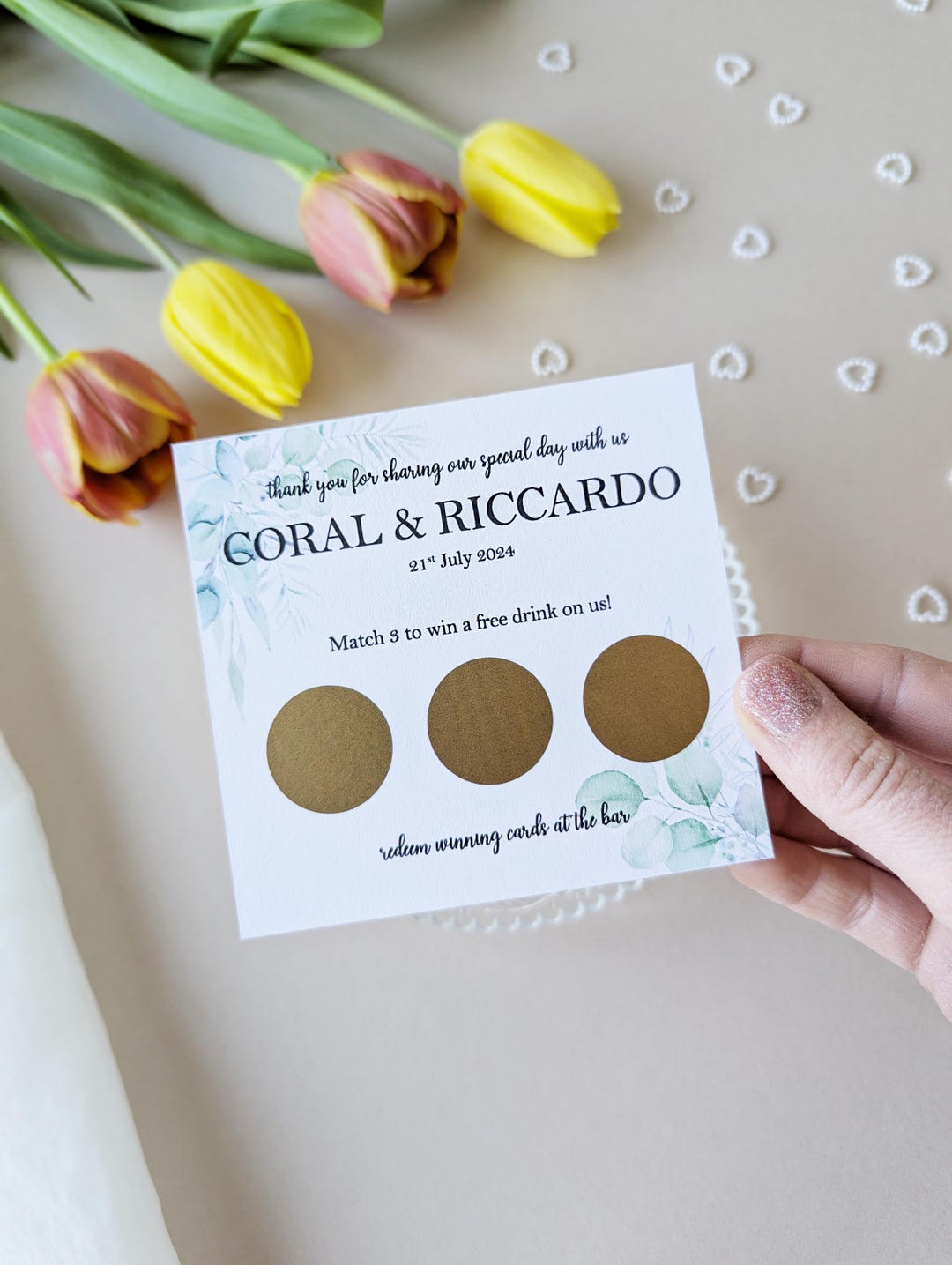Personalised Wedding Scratch Card, Win a Drink, Wedding Favour, Match 3 ...