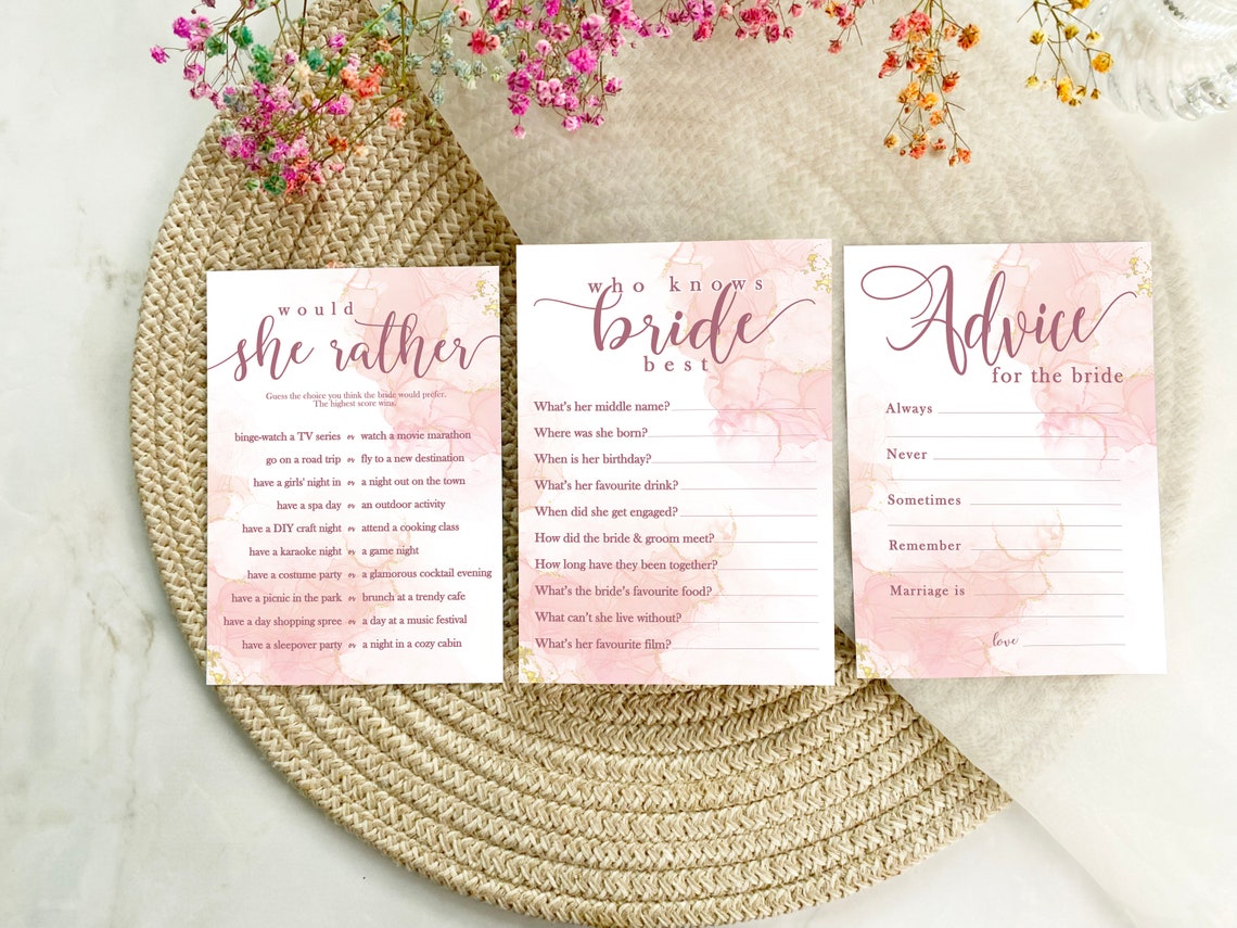 Advice for the Bride Hen Party Games, Pink and Gold Marble Effect ...