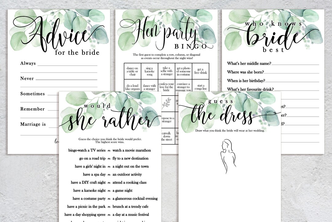 Hen Do Party Games Bundle, Eucalyptus Greenery, Bridal Bingo, Advice ...