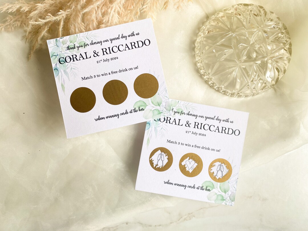 Personalised Wedding Scratch Card, Win a Drink, Wedding Favour, Match 3 ...