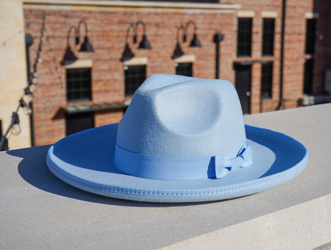 Blue Fedora, Classic Wide Brim, Pencil Brim Hat, Ribbon Headband ...