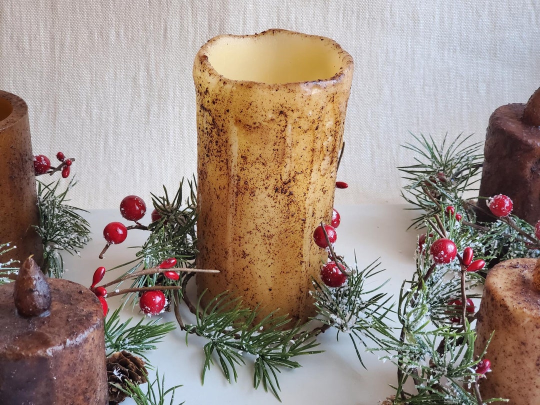 Primitive Burnt Ivory Pillar BOC With Snowy Pine and Red Berries Candle ...