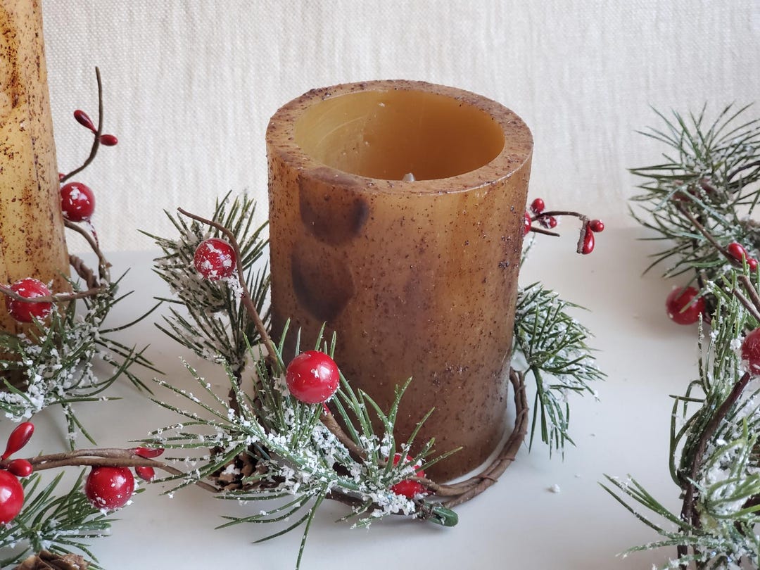 Farmhouse Christmas Decor - Timer Burnt Mustard Candle With Snowy Pine ...