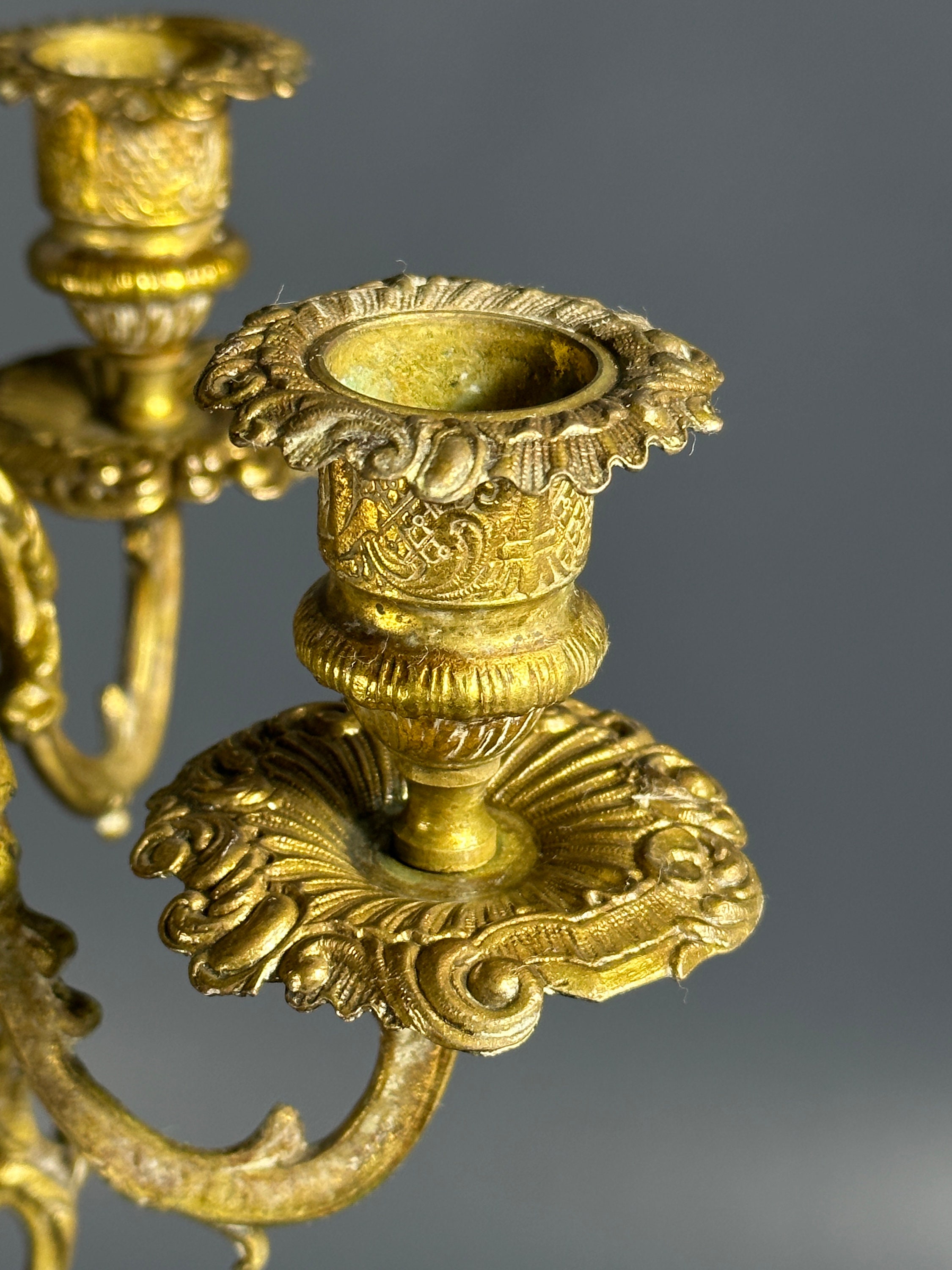 19th, Five-light Brass Candelabra With Hand-painted Ceramic Inserts ...