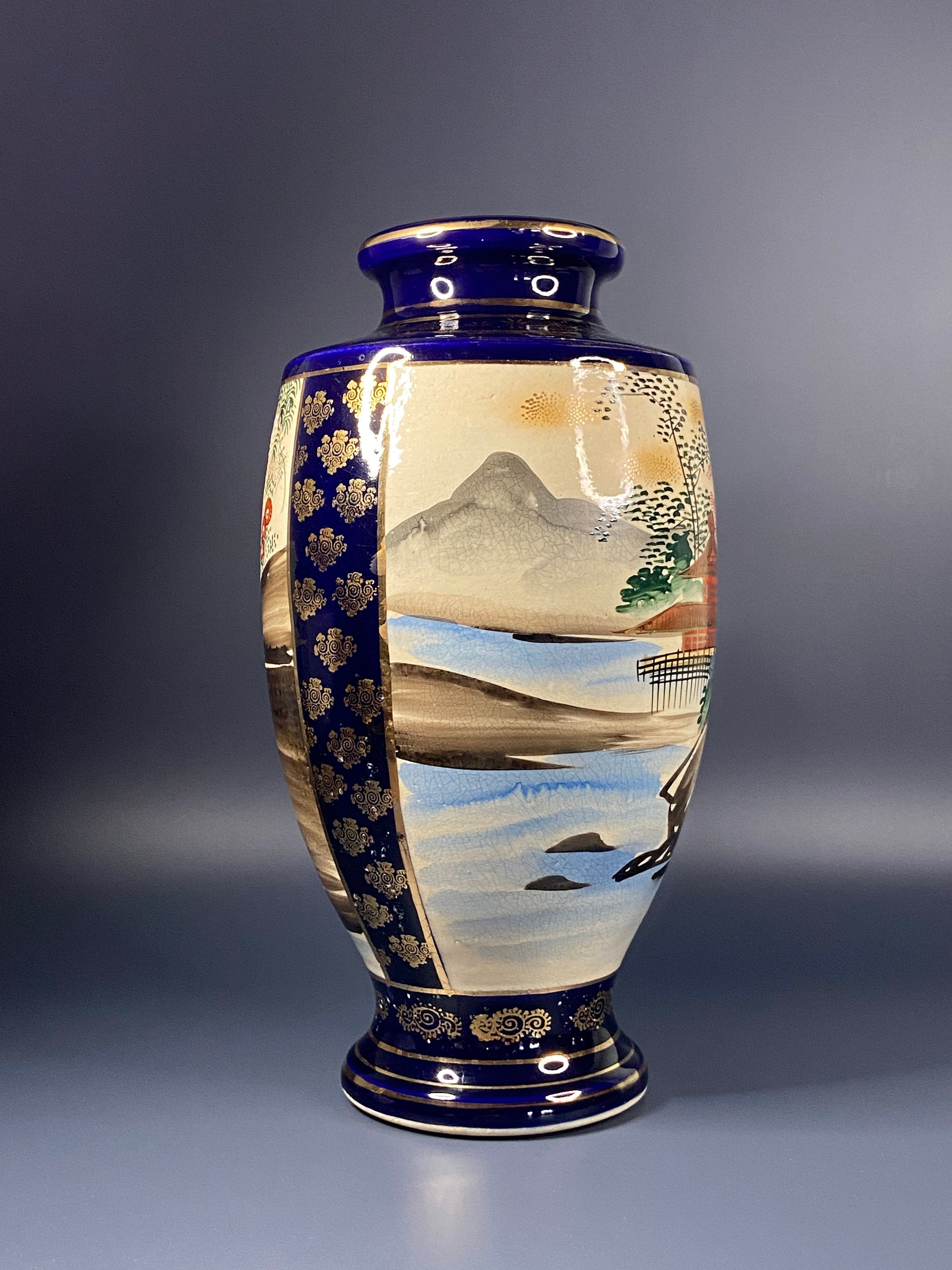 19th Antique Satsuma Cobalt Blue Vase Porcelain Geisha Japan Ca. meiji ...