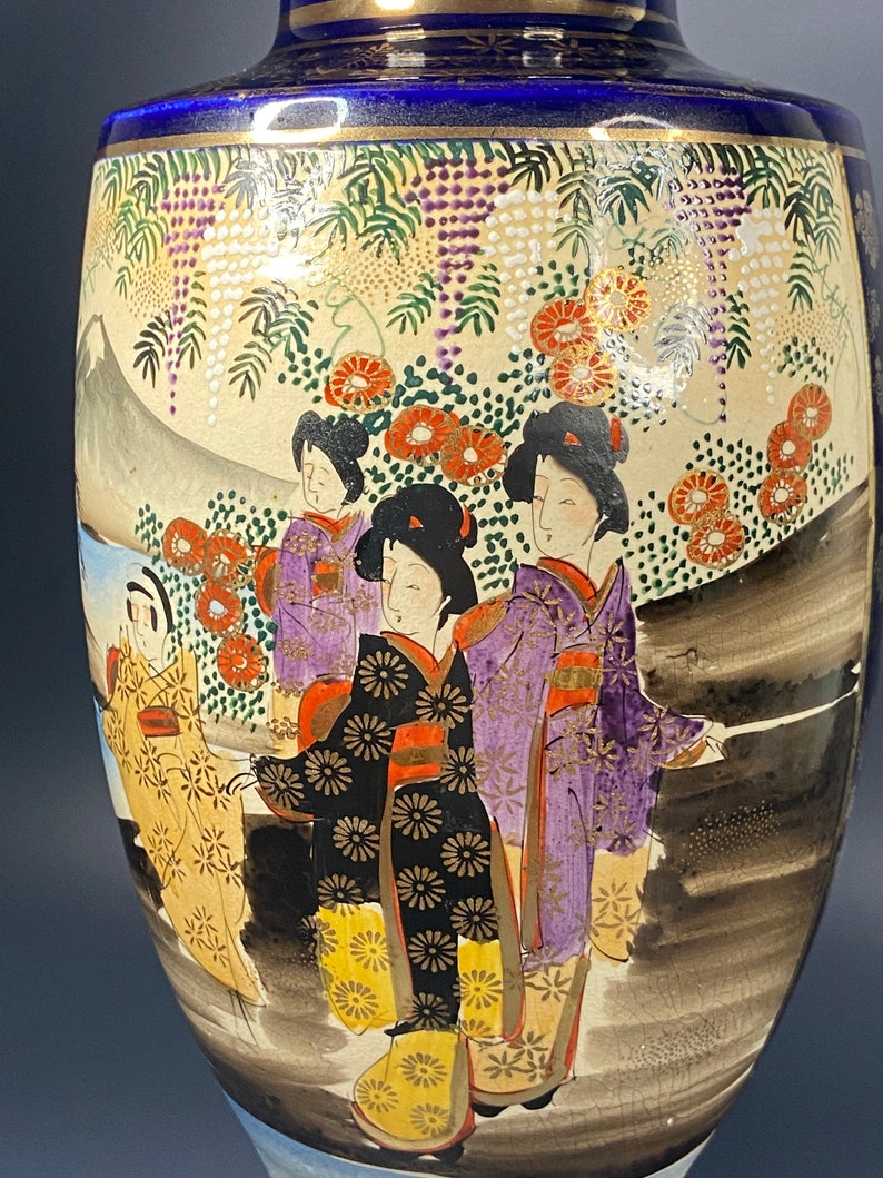 19th Antique Satsuma Cobalt Blue Vase Porcelain Geisha - Etsy