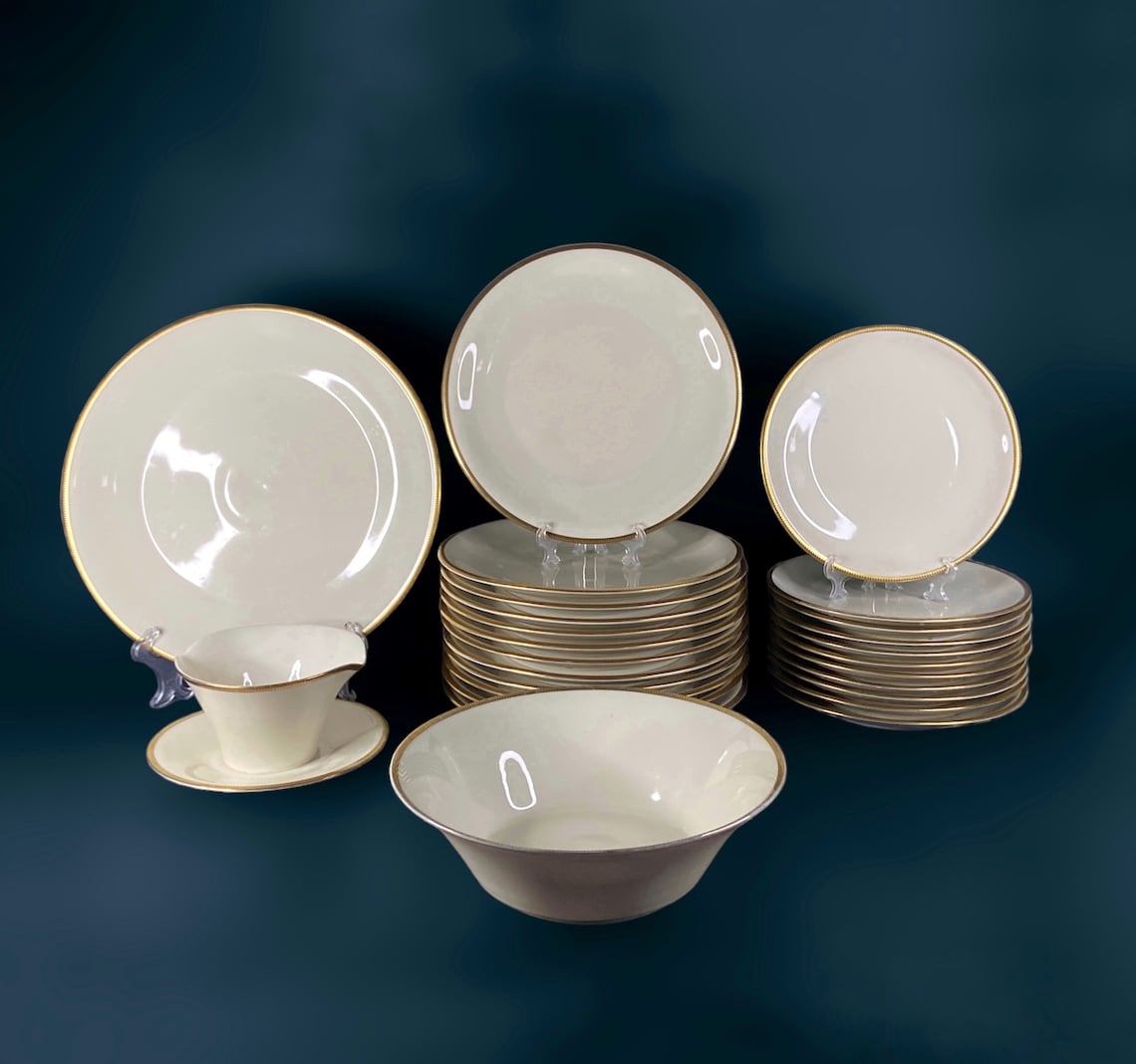Vintage Scherzer Bavaria, Germany, White & Gold Trim Dinnerware Set 25 ...
