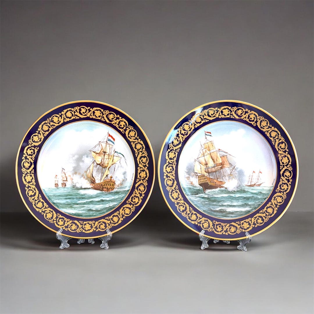 C.1920s Pair of Sèvres-style Hand-painted Naval Battle Plates, Artist ...