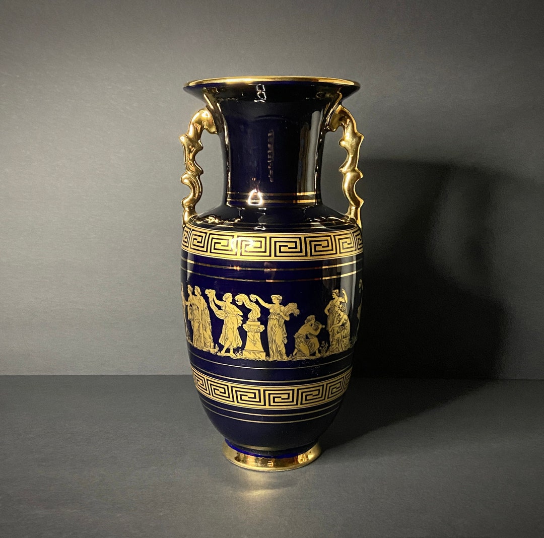 Greek Spyropoulos Cobalt Blue Porcelain Vase With 24K Gold - Etsy