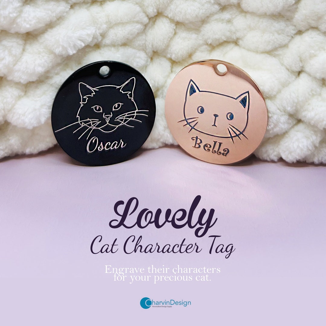 Pet Cat Tag, Cat Face Character Tag, Personalized Pet Tag, Cat ID ...