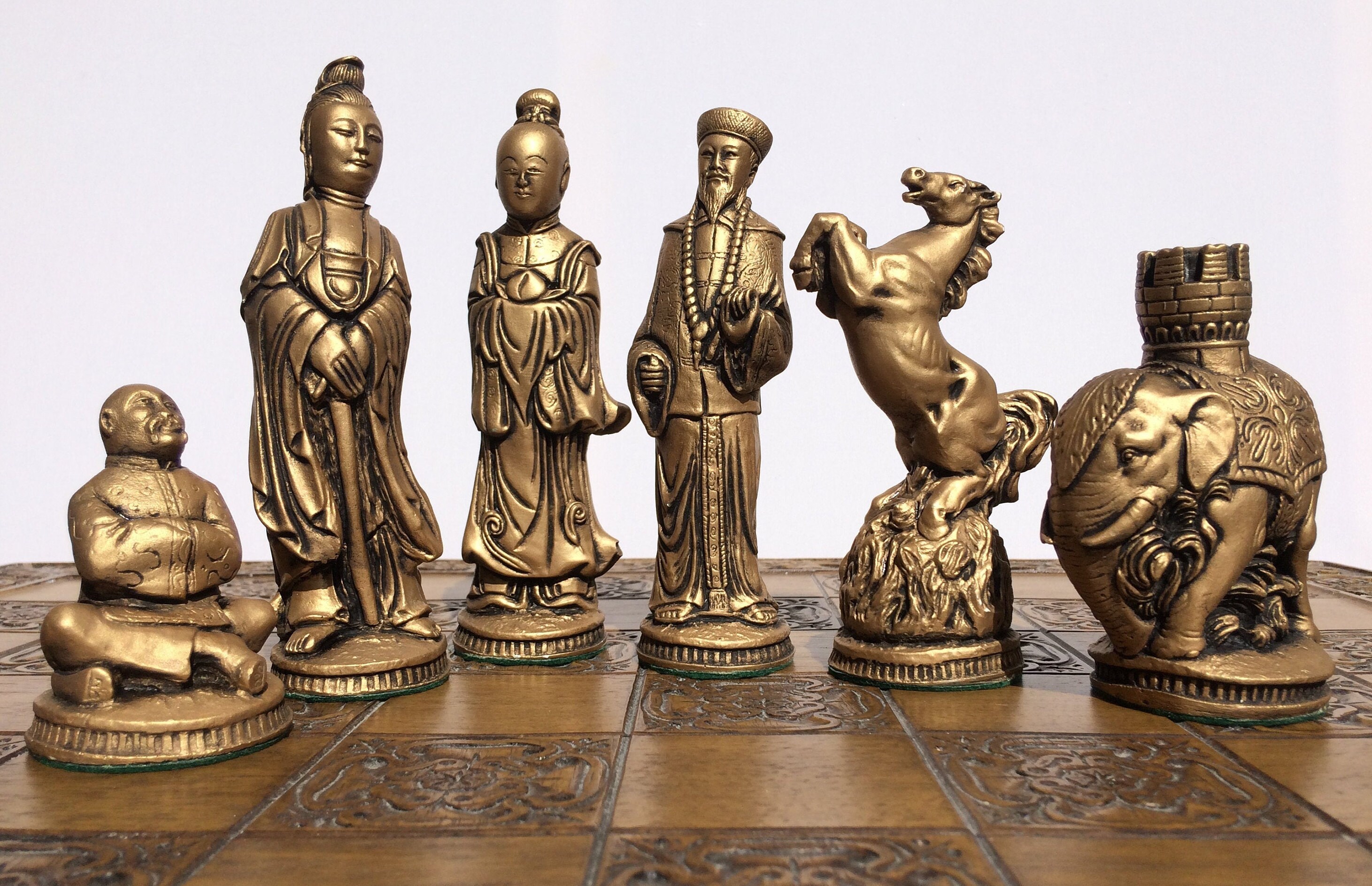 Oriental Chess Set - Antique White & Soft Gold Effect (Chess Pieces Only)