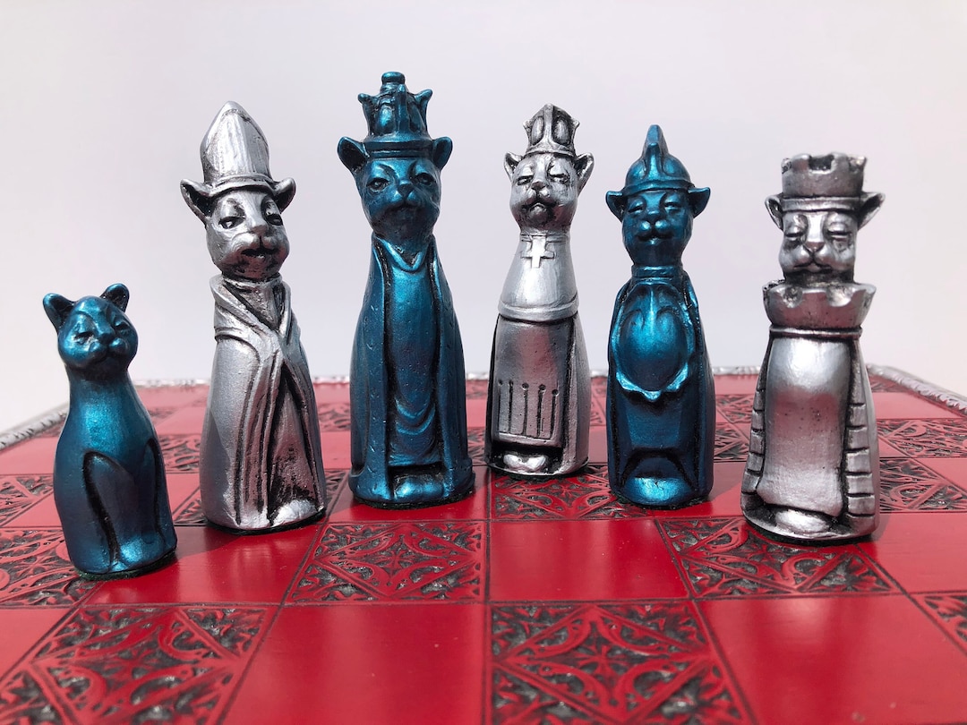 Cat Themed Chess Set - Royal Cats Chess Set in Metallic Blue and Silver ...