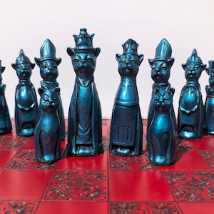 Cat Themed Chess Set - Royal Cats Chess Set in Metallic Blue and Silver ...