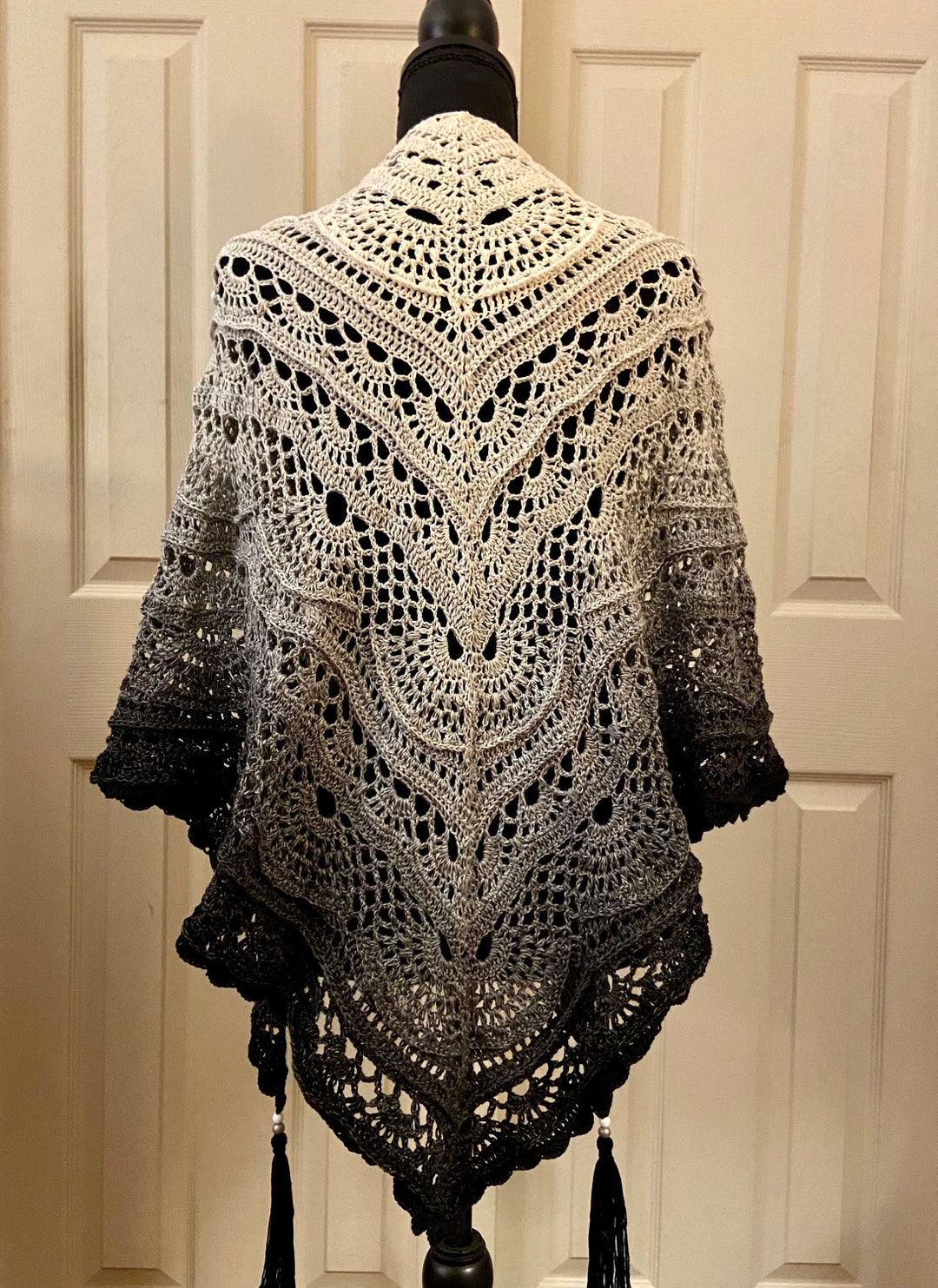 Crochet Shawl Boho Crocheted Wrap Scarf Black White Gray - Etsy