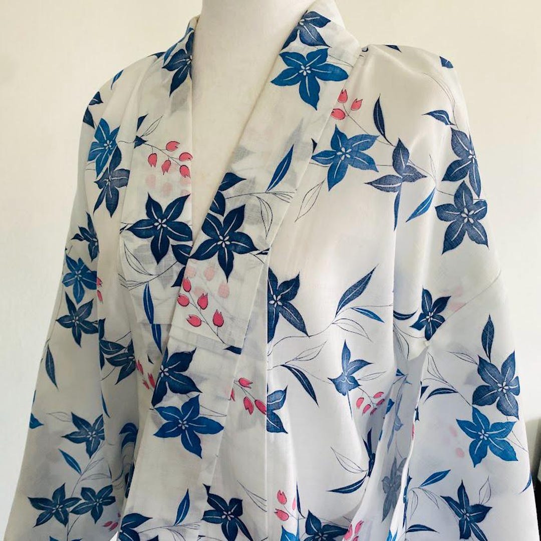 Blue Flower WIDE, Yukata Robe, Summer Kimono, Kimono for Women, Vintage ...
