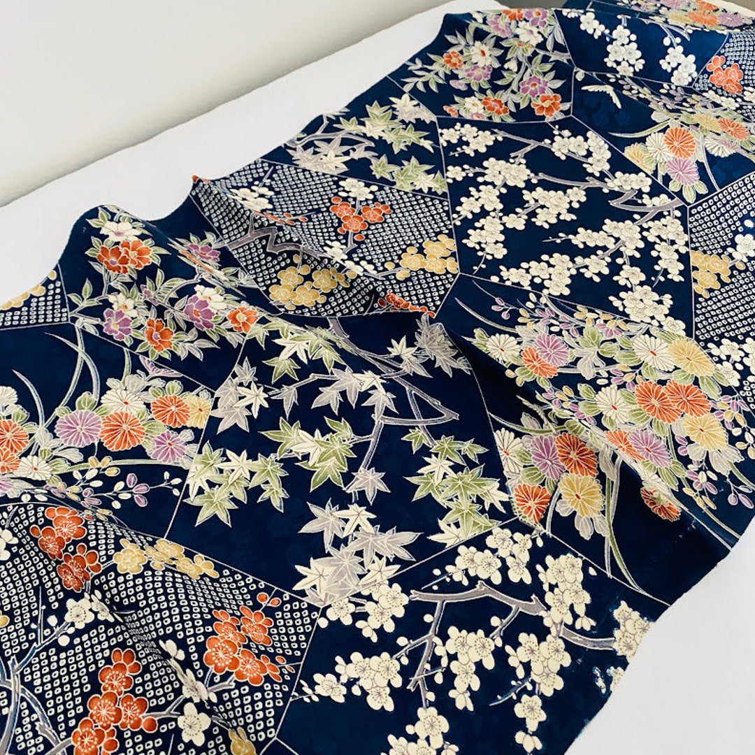 Blue Blossom Vintage Rinzu Jacquard Silk Japanese Kimono Fabric Panel Authentic High Quality ...