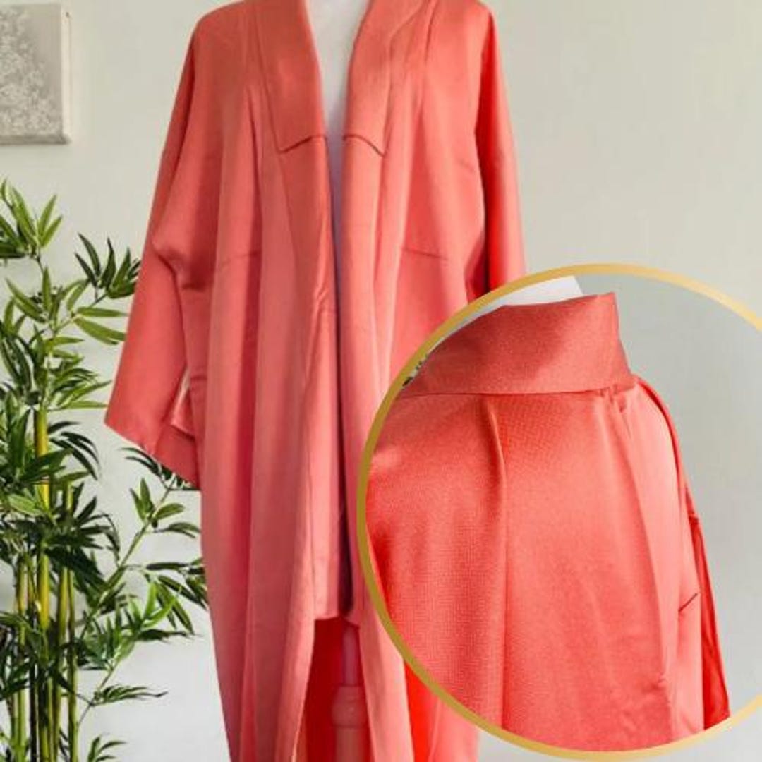 Coral Salmon Edo Komon LONG Silk Vintage Japanese Kimono Robe Authentic ...