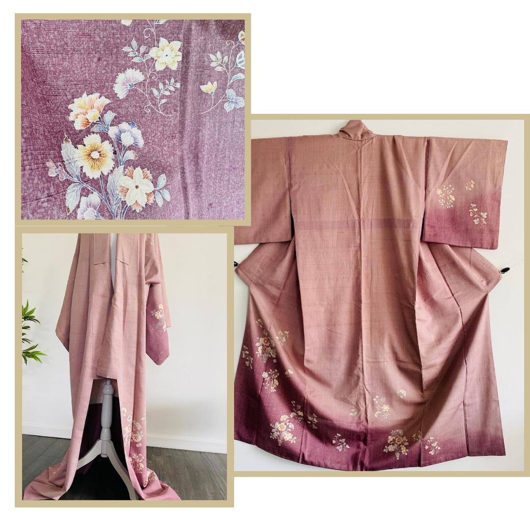 Mauve Bella LONG Hand Painted Bokashi Dyed Tsumugi Silk Vintage Japanese Kimono Robe Authentic ...