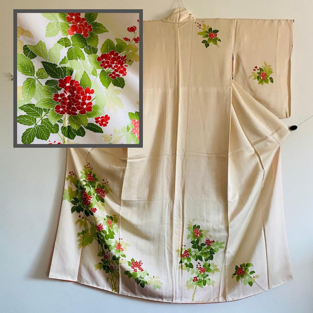 Flower Hand Painted LONG WIDE Silk Vintage Japanese Kimono Robe ...