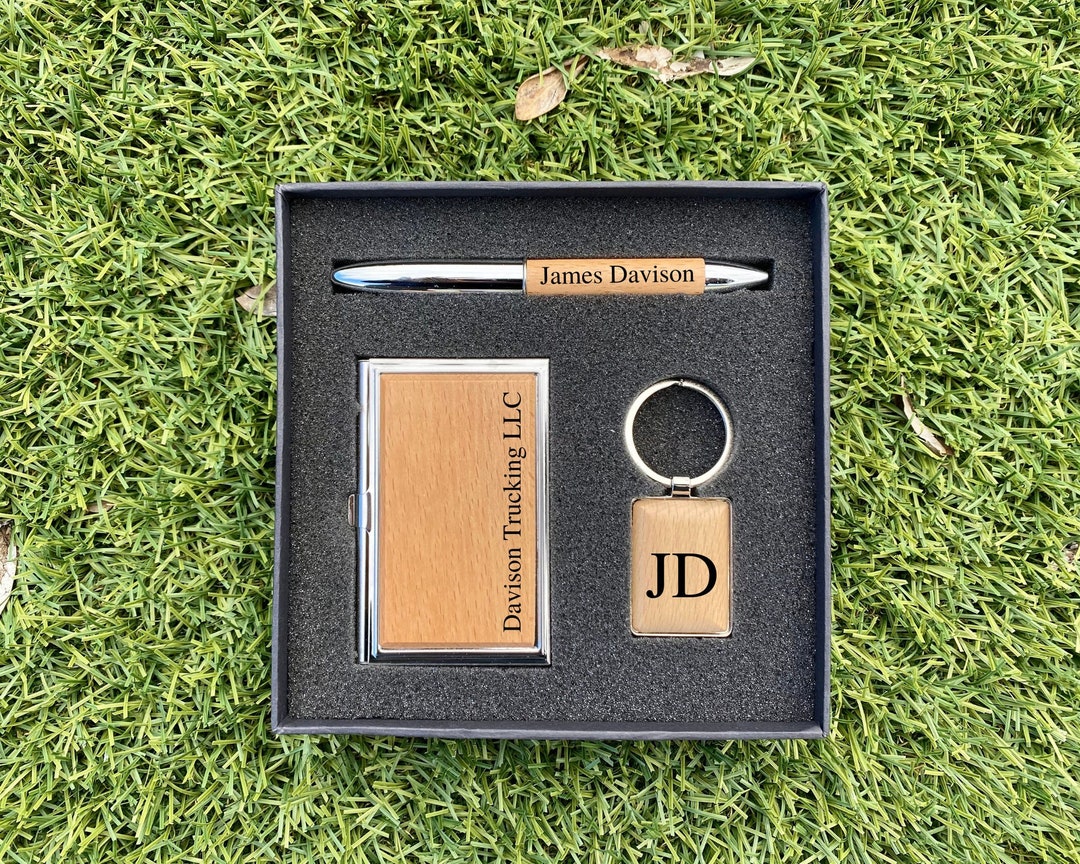 Personalized Gift Set With Business Card Case, Pen & Keychain, Office ...