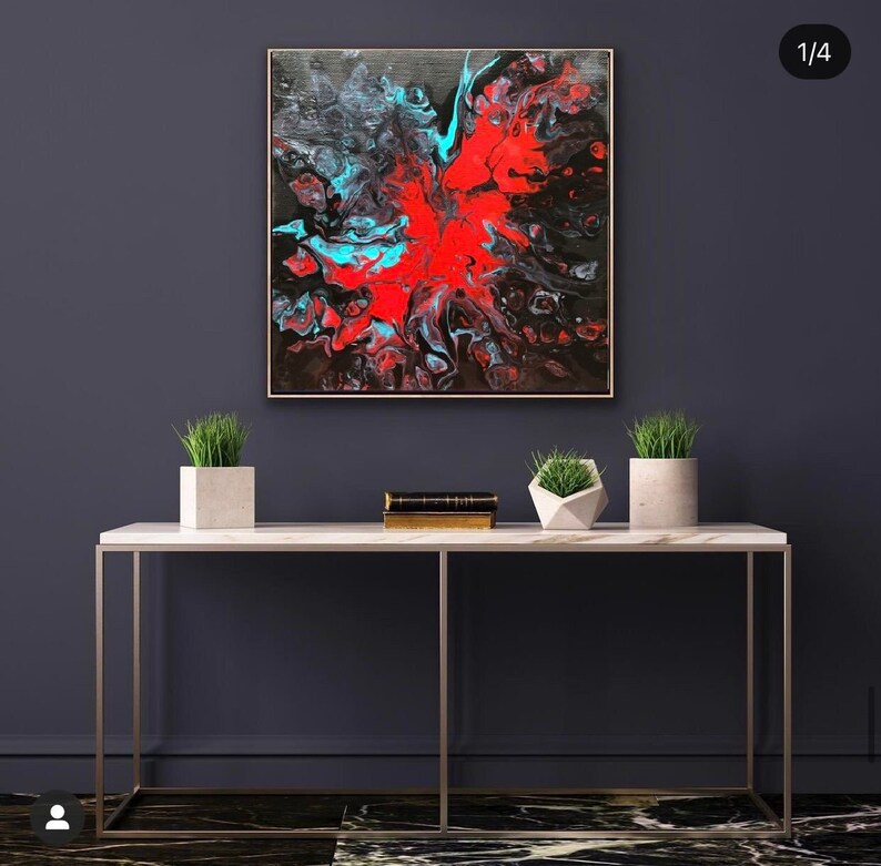 Acryl Pouring abstrakt Bild 20x20 cm schwarz rot türkis - Etsy España
