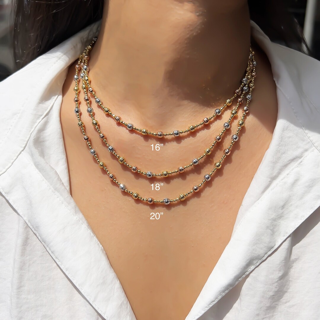 18K Solid Gold Bead Necklace: Tri-color Diamond Cut Chain - Etsy