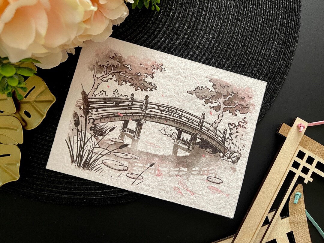 Postcard Kawaii Traditional Ink Print Japan Illustration - Bridge! - by ...