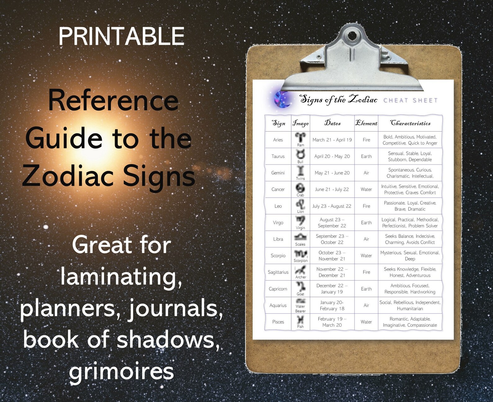 Printable Zodiac Signs Chart, Signs of the Zodiac Printable, Zodiac ...