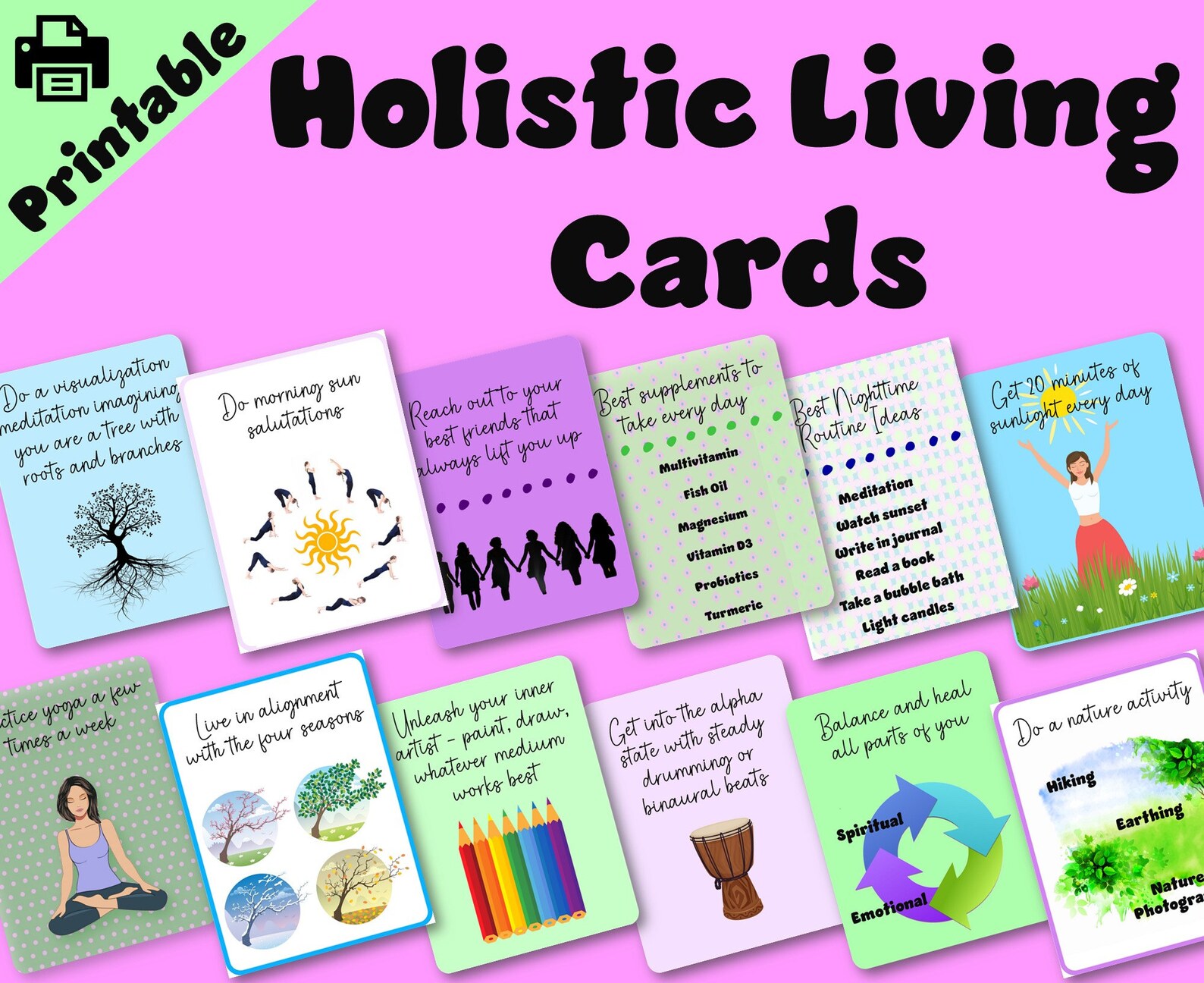 Holistic Wellness Printable Card Bundle, Affirmation Cards, Journal ...