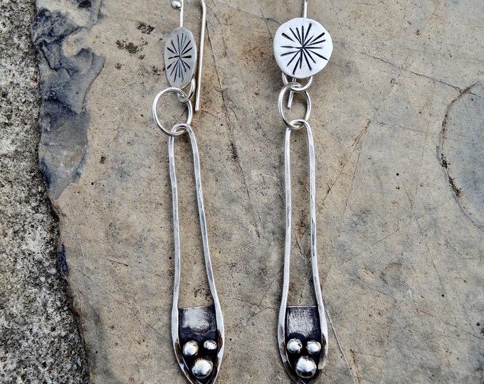 Rustic Silver Dangle Earrings, Handmade Jewelry, Raw Silver, Long ...
