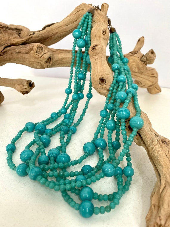 Vintage Turquoise Glass Bead Necklace Retro Beaded … Gem