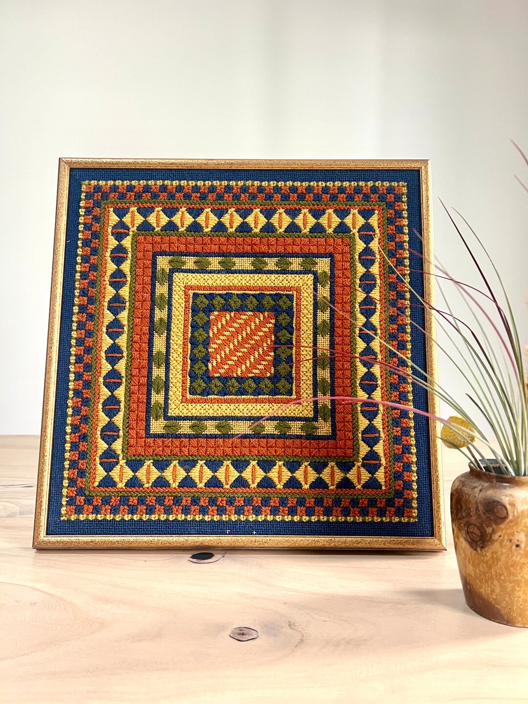 Vintage Framed Geometric Needlepoint , Abstract Needlepoint, Earthy ...