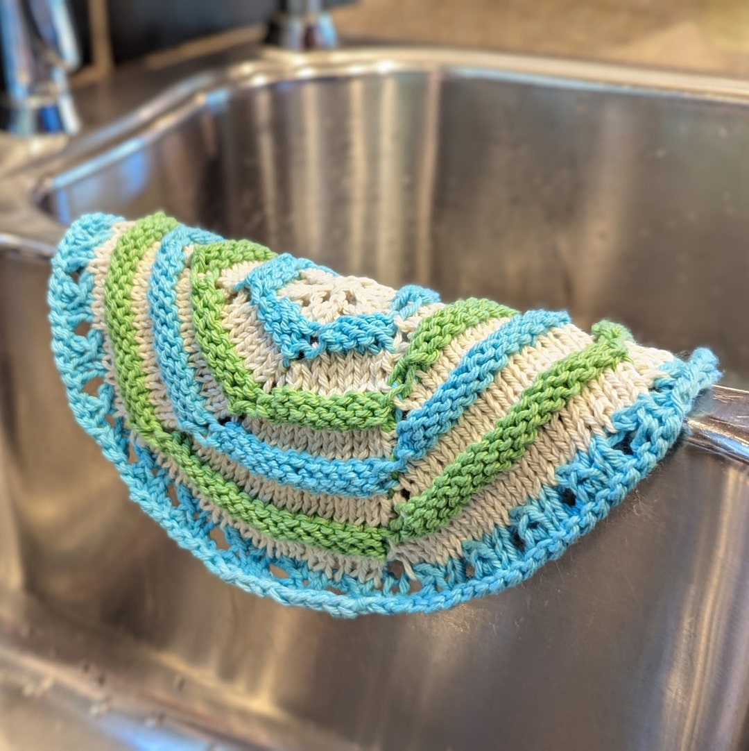 Cotton Knit Dishcloth in a Pinwheel Shape, Blue and Green Handknit ...